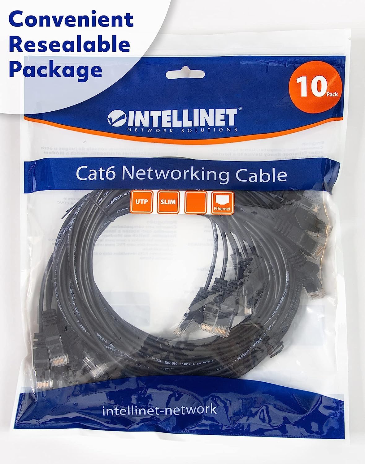 Intellinet Slim Cat6 Ethernet Network Patch Cable โ 10-Pack - 10Gbps & 250MHz, Snagless Boot, 30AWG Pure Bare Copper Wire, Gold-Plated Contacts, Lifetime Mfg Warranty โ 1.5ft, 10 Pack Black