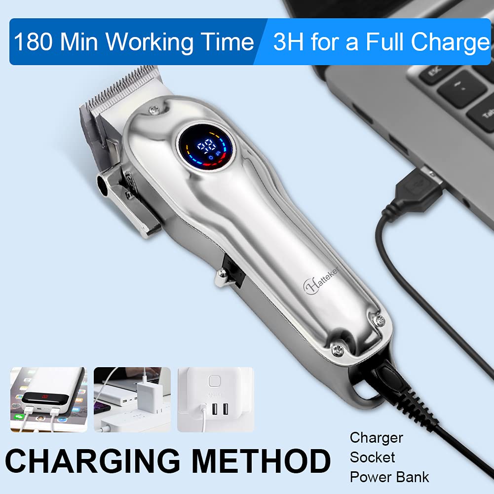 Hatteker Hair Clippers for Men Professional, Cordless Barber Clippers for Hair Cutting and Grooming, Upgrade Rechargeable Beard Trimmer Large Smart LED Display & IPX7 Waterproof (Silver)
