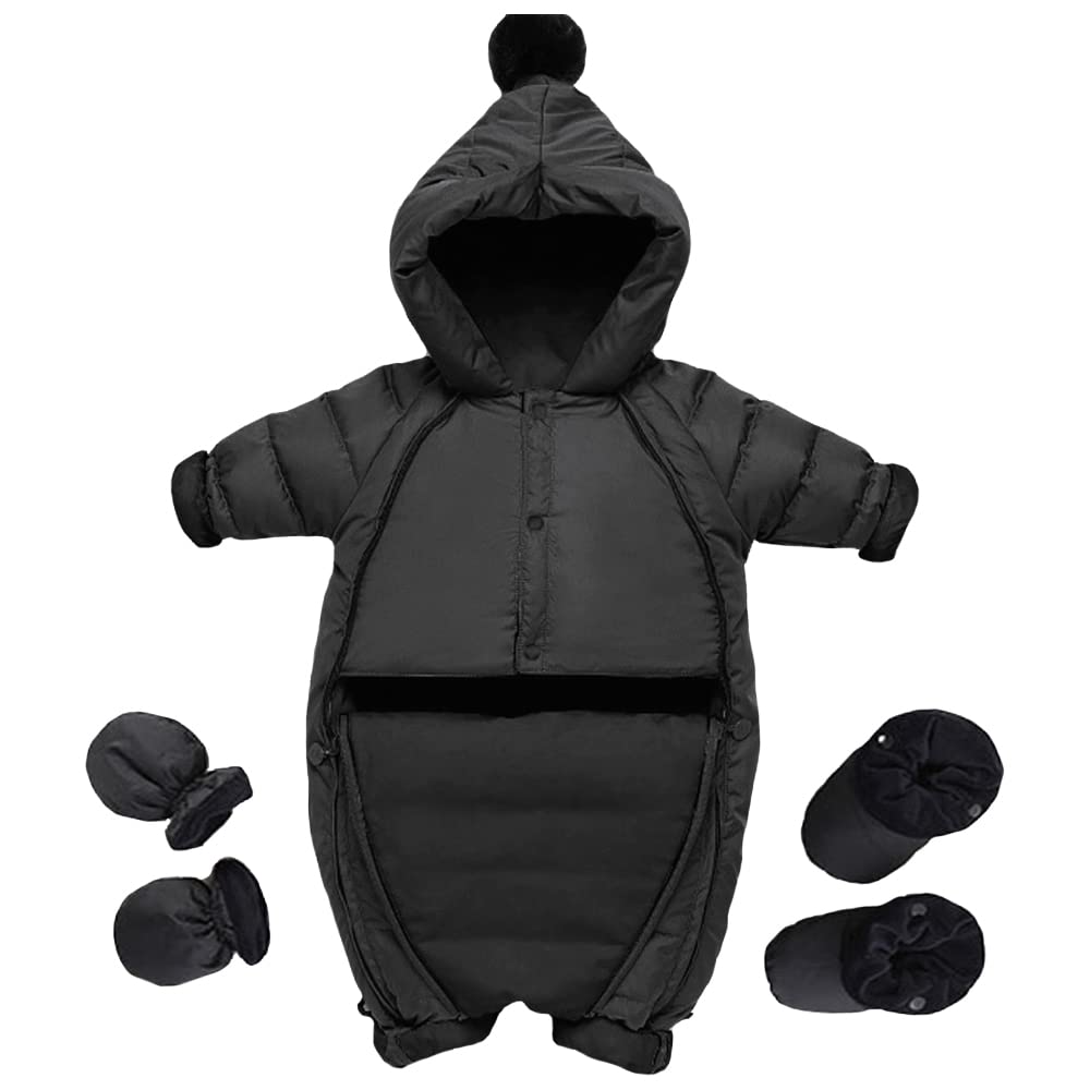 Y·J Back home Baby Black Snowsuit Down Filled Waterproof Snow Suit Fleece Linning Jacket Bunting Pram Winter Coat With Shoes And Gloves 12 18 Months