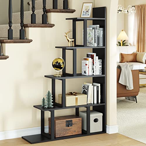 YITAHOME 5-Shelf Bookshelf, L-Shape Freestanding Ladder Corner Bookcase, Modern Minimalist Style Multipurpose Storage Display Rack for Living Room Bedroom Hallway Office, Black