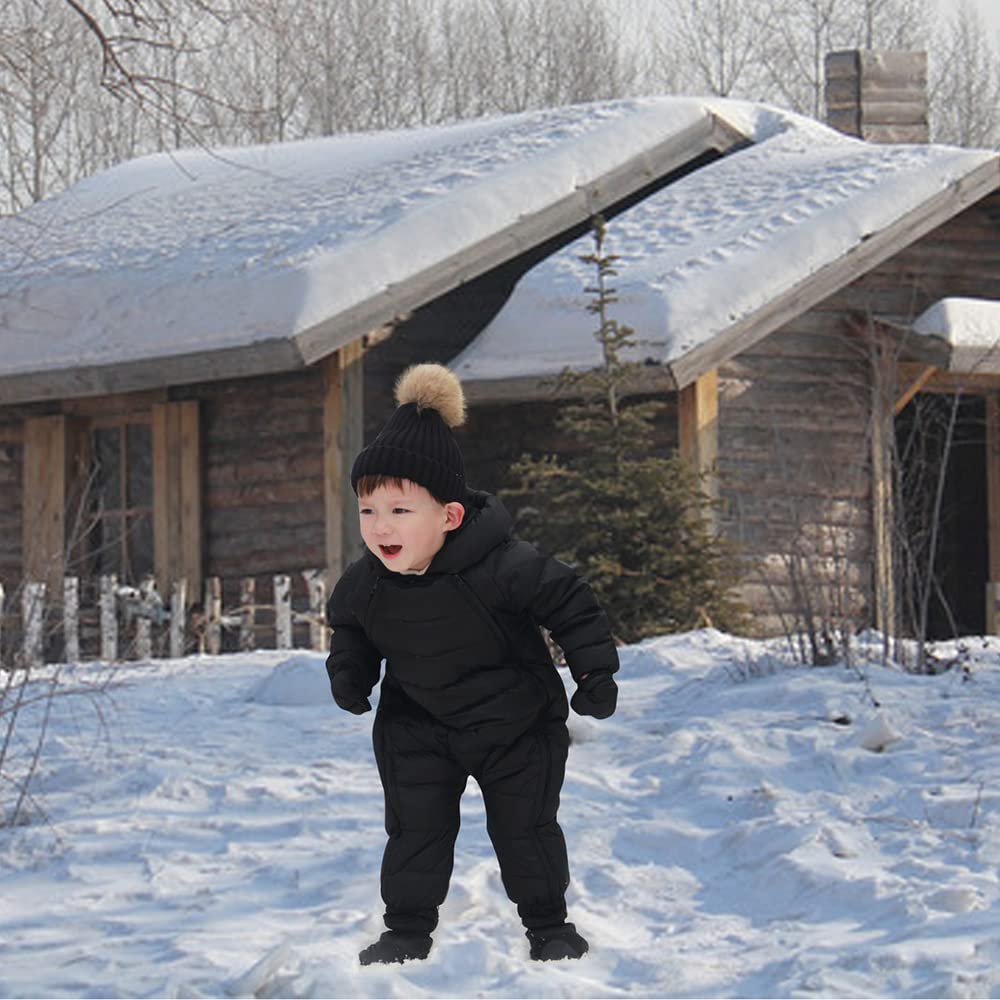 Y·J Back home Baby Black Snowsuit Down Filled Waterproof Snow Suit Fleece Linning Jacket Bunting Pram Winter Coat With Shoes And Gloves 12 18 Months