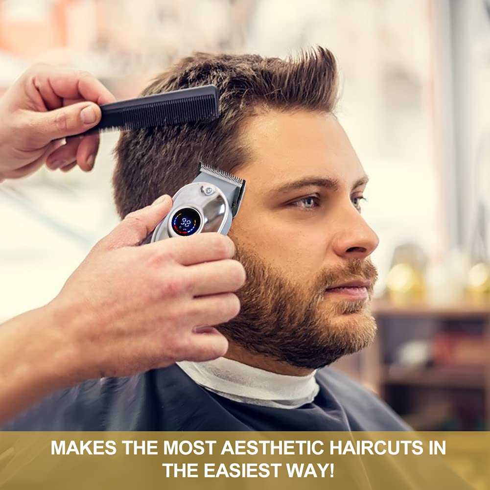 Hatteker Hair Clippers for Men Professional, Cordless Barber Clippers for Hair Cutting and Grooming, Upgrade Rechargeable Beard Trimmer Large Smart LED Display & IPX7 Waterproof (Silver)