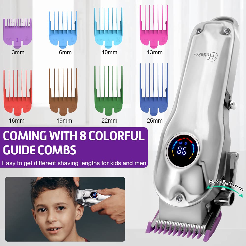Hatteker Hair Clippers for Men Professional, Cordless Barber Clippers for Hair Cutting and Grooming, Upgrade Rechargeable Beard Trimmer Large Smart LED Display & IPX7 Waterproof (Silver)