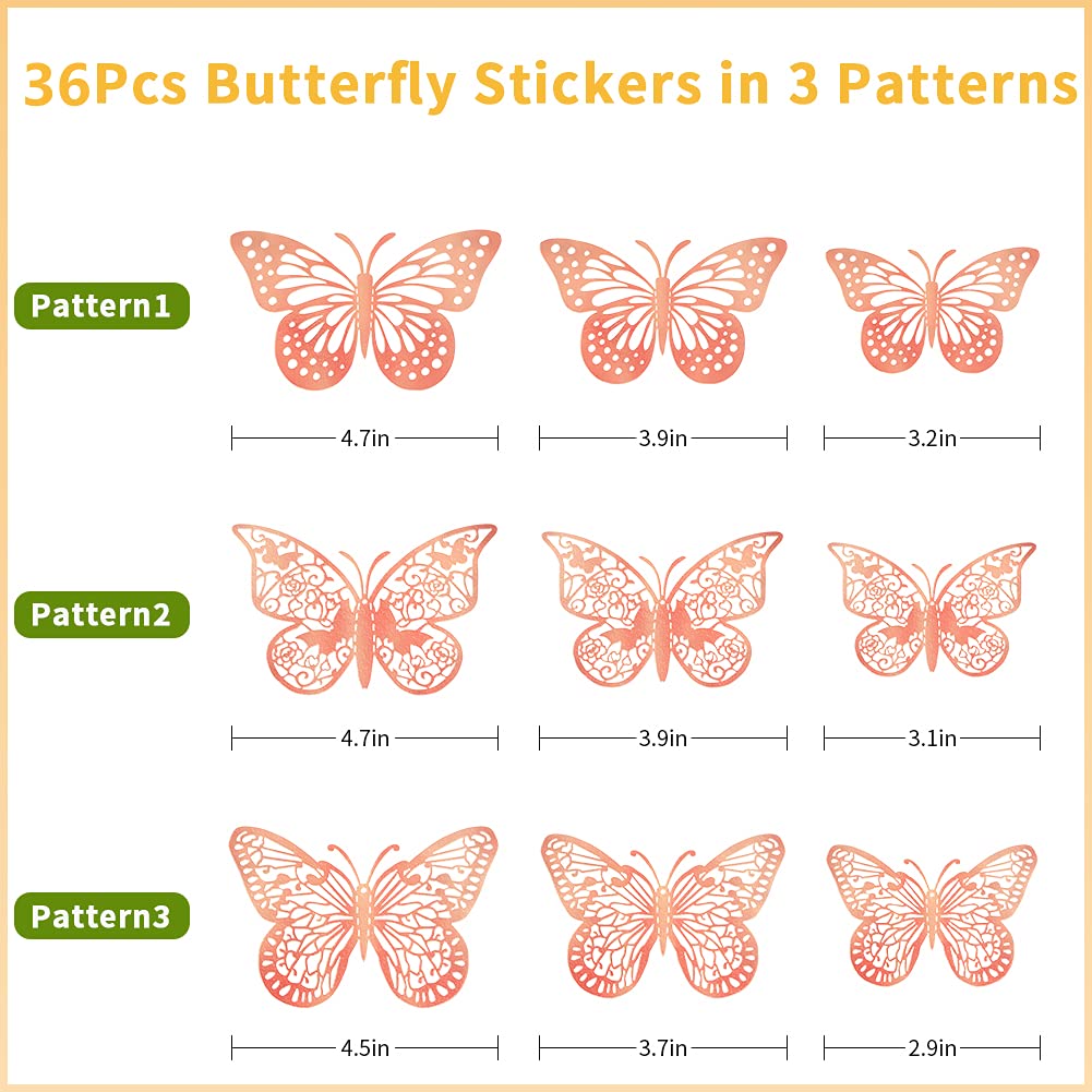 36Pcs Butterfly Wall Decals,3D Butterflies Decor DIY Butterfly Decorations Room Wall Decoration for Bedroom Home Room Decor(Pink Gold)