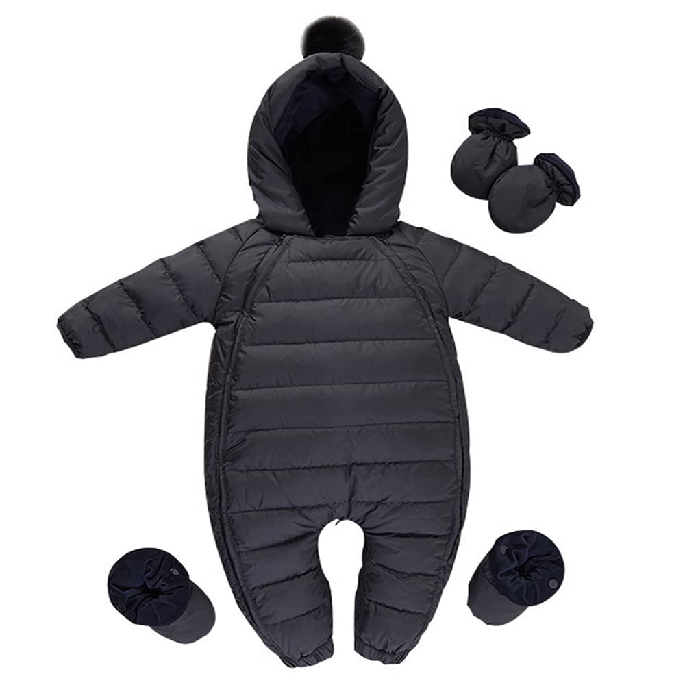 Y·J Back home Baby Black Snowsuit Down Filled Waterproof Snow Suit Fleece Linning Jacket Bunting Pram Winter Coat With Shoes And Gloves 12 18 Months