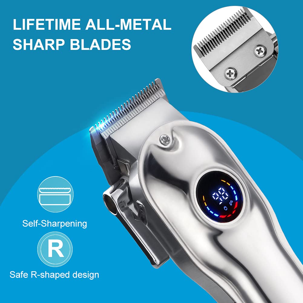 Hatteker Hair Clippers for Men Professional, Cordless Barber Clippers for Hair Cutting and Grooming, Upgrade Rechargeable Beard Trimmer Large Smart LED Display & IPX7 Waterproof (Silver)