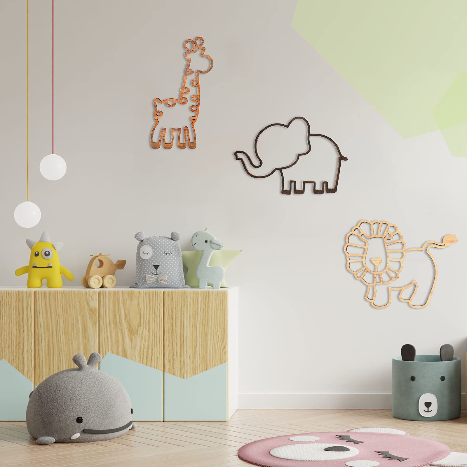 Yulejo Nursery 3 Pieces Jungle Theme Nursery Decor Wooden Animal, Woodland Safari Wall Decor with Glue Points for Bedroom Decor (Lion, Elephant, Giraffe)