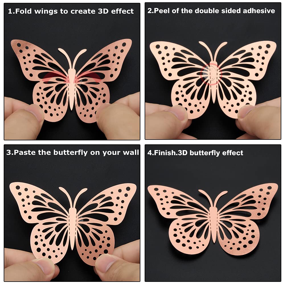 36Pcs Butterfly Wall Decals,3D Butterflies Decor DIY Butterfly Decorations Room Wall Decoration for Bedroom Home Room Decor(Pink Gold)