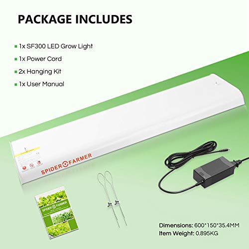 SPIDER FARMER SF-300 LED Grow Light Sunlike Full Spectrum Plant Grow Lights for Indoor Plants Hydroponics Seeding Veg Flower Energy Saving & High Efficiency Growing Lamp 192 Diodes