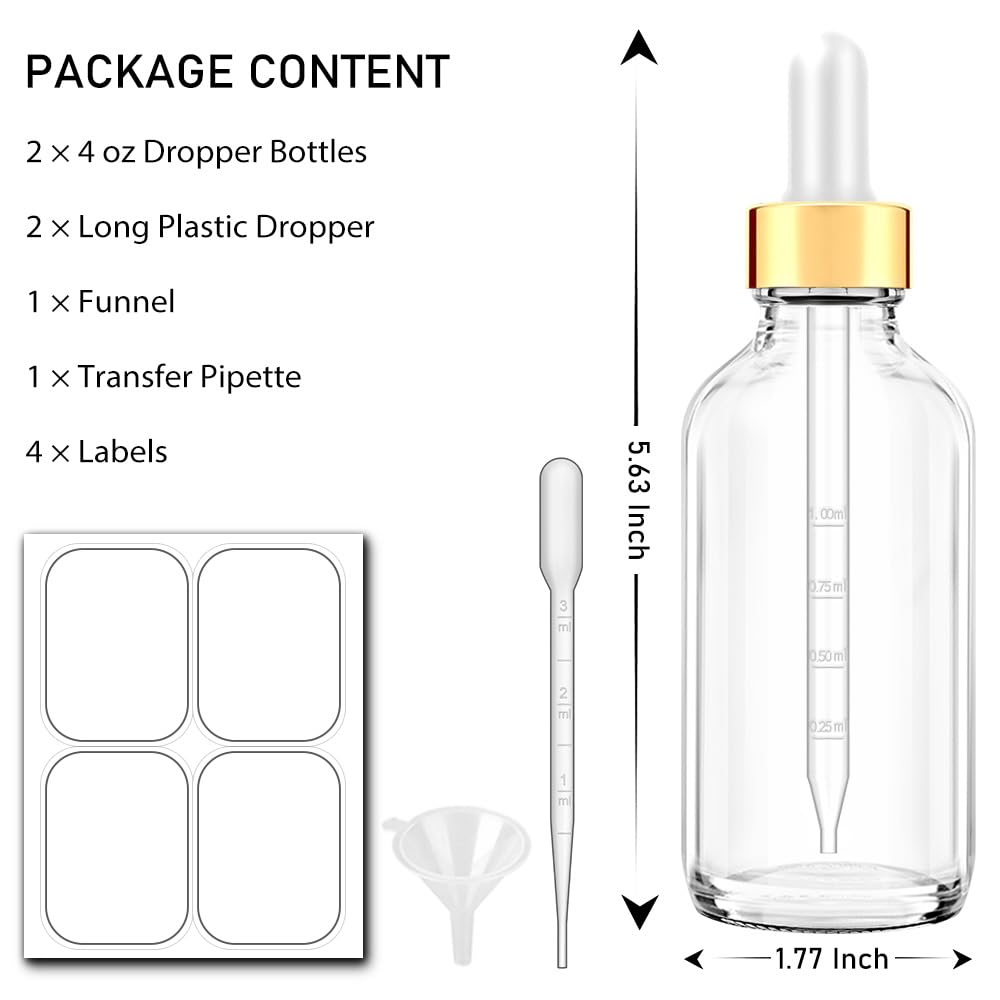 Glass Bottle with Dropper, 4 oz Clear Golden Cap Eye Dropper Bottle for Essential Oils with Labels and Funnel, 2 Pcs Empty Tincture Bottles with Unbreakable Plastic Eye Dropper with Measurements