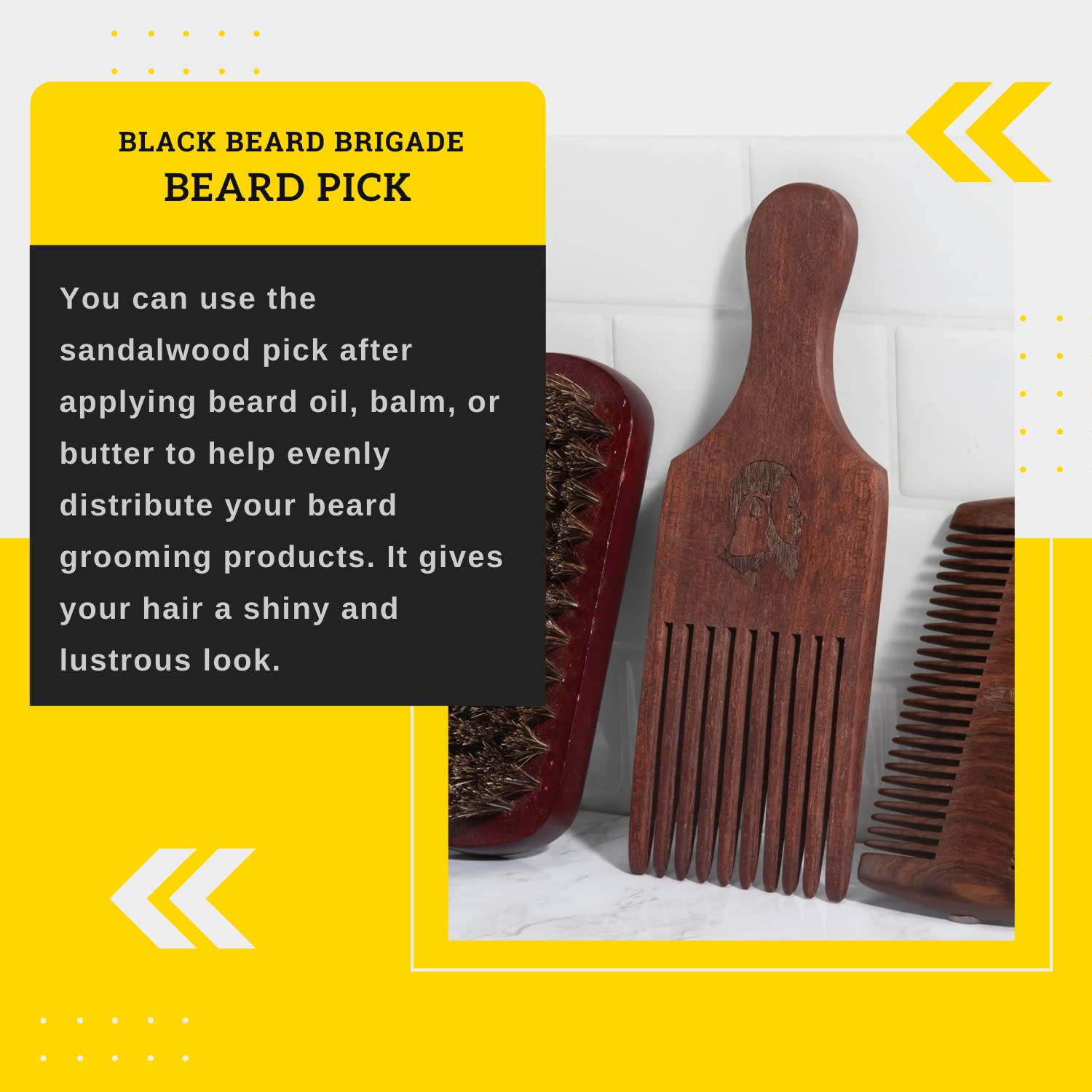 Black Beard Brigade by Yulaw Naturals Premium 100% Sandalwood Beard Pick - Natural Wood Styling Tool for Thick, Coarse, Curly Hair - Non-Static Long Tooth Detangling Comb for Beard & Mustache