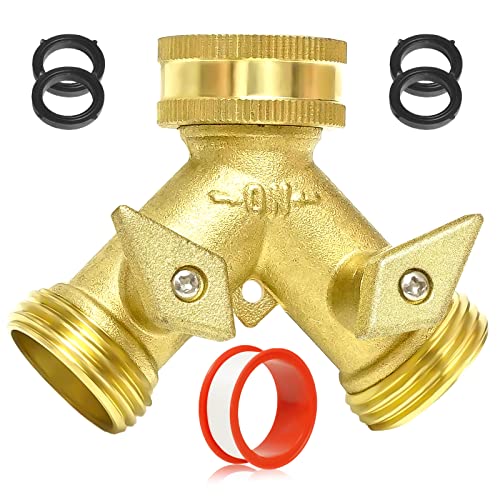 Garden Hose Splitter 2 Way - Heavy Duty Solid Brass Hose Y Splitter,Hose Faucet Splitter,3/4" Brass Hose Adapter Connectors Shut Off Valve, Hose Spigot Adapter 2 Valves, Plus 4 Extra Rubber Washers.