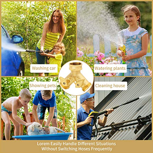 Garden Hose Splitter 2 Way - Heavy Duty Solid Brass Hose Y Splitter,Hose Faucet Splitter,3/4" Brass Hose Adapter Connectors Shut Off Valve, Hose Spigot Adapter 2 Valves, Plus 4 Extra Rubber Washers.