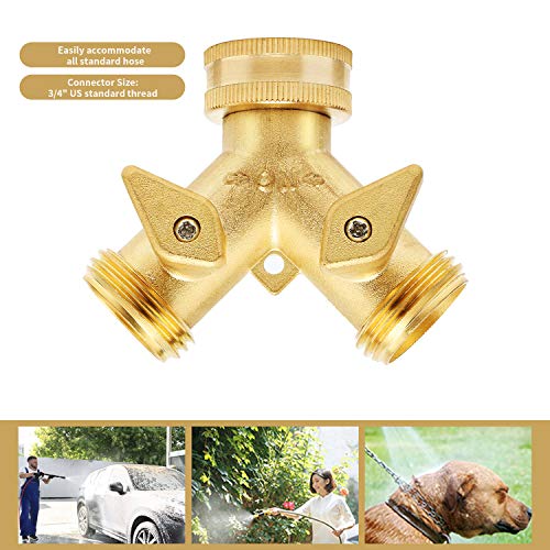 Garden Hose Splitter 2 Way - Heavy Duty Solid Brass Hose Y Splitter,Hose Faucet Splitter,3/4" Brass Hose Adapter Connectors Shut Off Valve, Hose Spigot Adapter 2 Valves, Plus 4 Extra Rubber Washers.