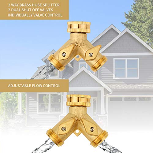 Garden Hose Splitter 2 Way - Heavy Duty Solid Brass Hose Y Splitter,Hose Faucet Splitter,3/4" Brass Hose Adapter Connectors Shut Off Valve, Hose Spigot Adapter 2 Valves, Plus 4 Extra Rubber Washers.