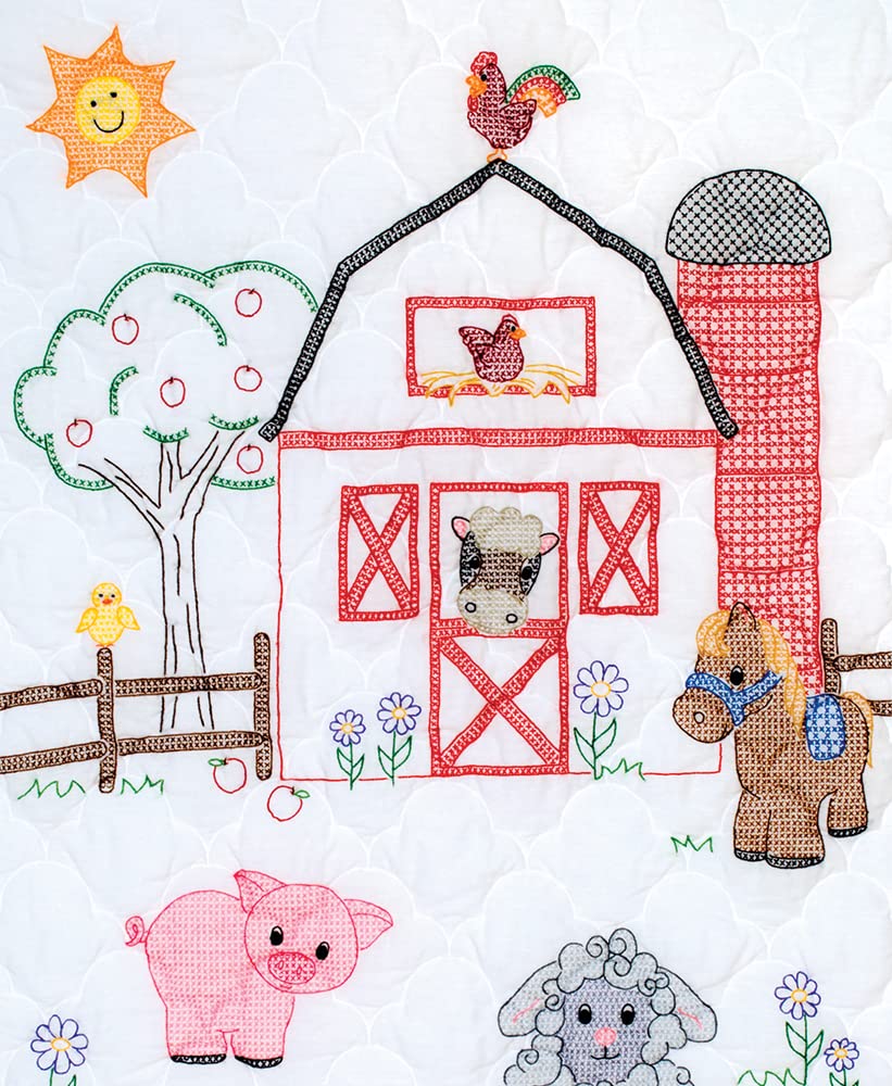 Jack Dempsey WH FRNDS Crib Quilt Tops Farm Friends, White