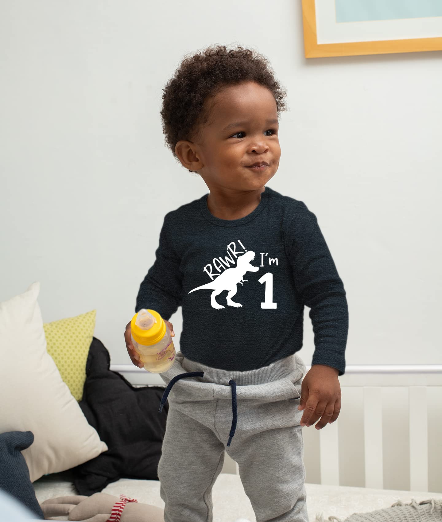 rawr im 1 Dinosaur First Birthday boy Outfit 1st Roar one Year Old Dino Shirt rex (Charcoal Black - Long Sleeve, 12 Months)