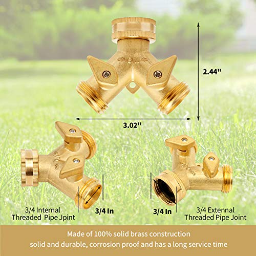 Garden Hose Splitter 2 Way - Heavy Duty Solid Brass Hose Y Splitter,Hose Faucet Splitter,3/4" Brass Hose Adapter Connectors Shut Off Valve, Hose Spigot Adapter 2 Valves, Plus 4 Extra Rubber Washers.