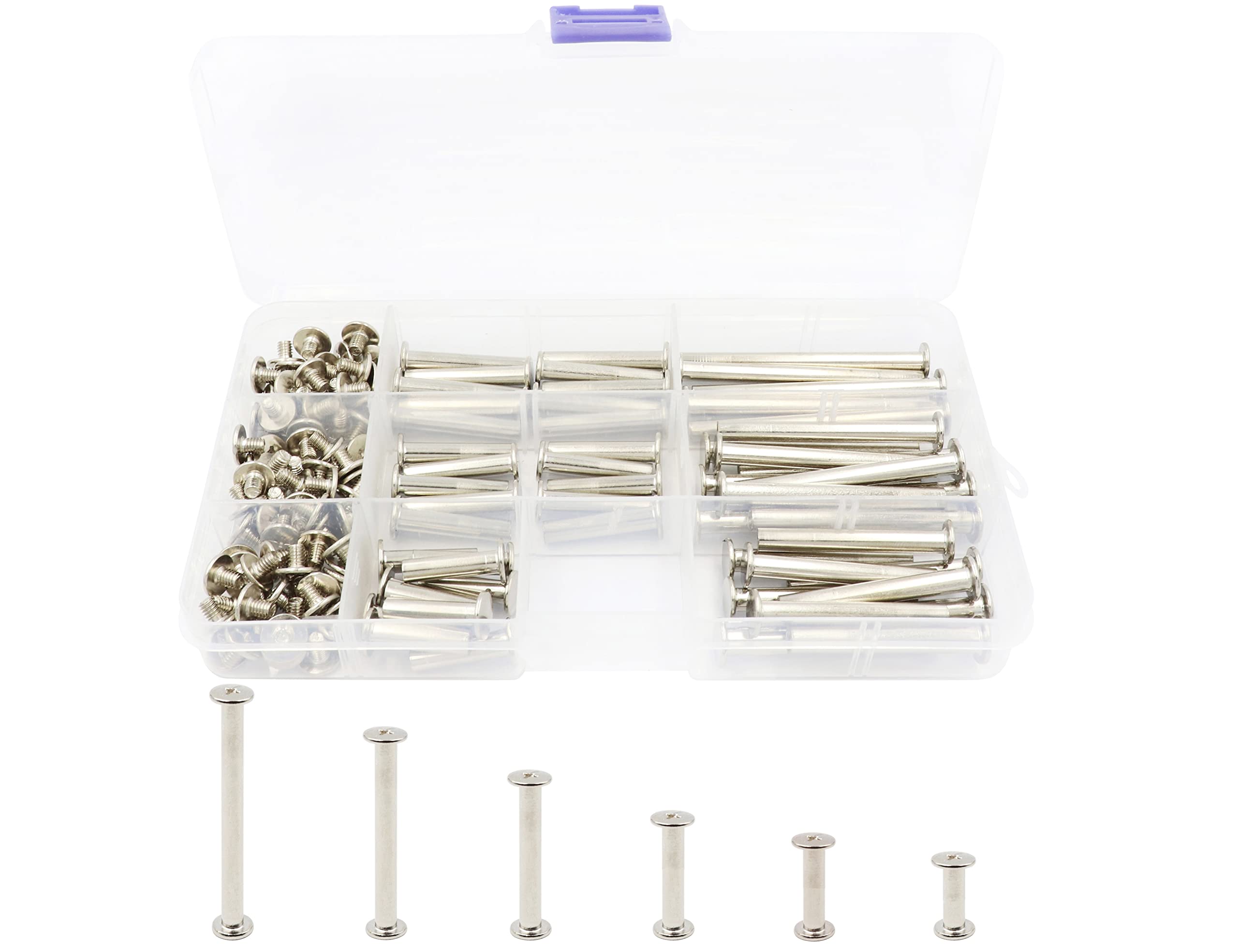 LBY 110pcs Chicago Screws Binding Screw Posts,M5 x 20/25/30/40/50/60mm Binding Barrels and Screws Assortment Kit, for Leather Saddles Purses Belt Repair,Nickel-Plated