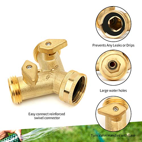 Garden Hose Splitter 2 Way - Heavy Duty Solid Brass Hose Y Splitter,Hose Faucet Splitter,3/4" Brass Hose Adapter Connectors Shut Off Valve, Hose Spigot Adapter 2 Valves, Plus 4 Extra Rubber Washers.