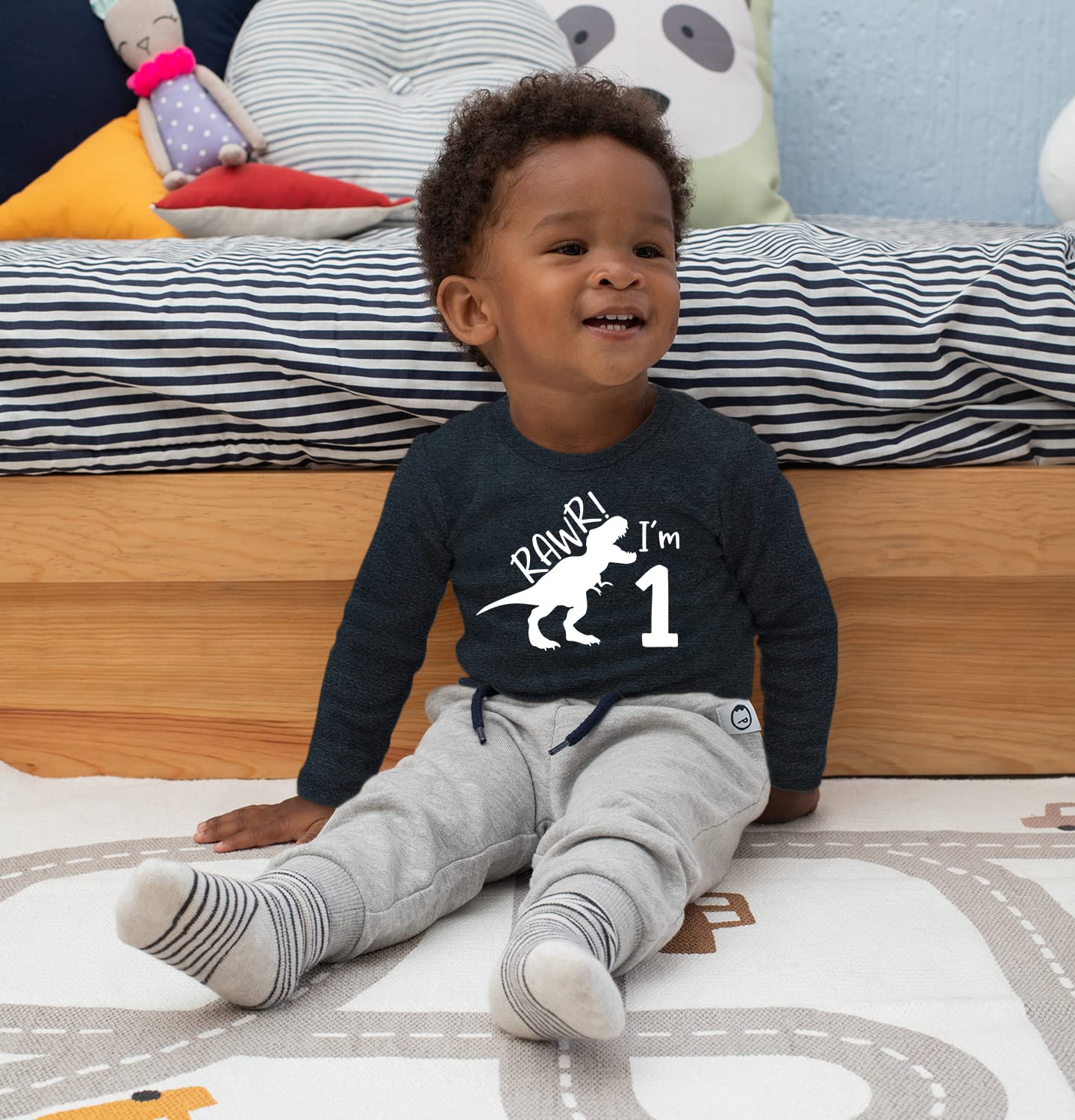 rawr im 1 Dinosaur First Birthday boy Outfit 1st Roar one Year Old Dino Shirt rex (Charcoal Black - Long Sleeve, 12 Months)