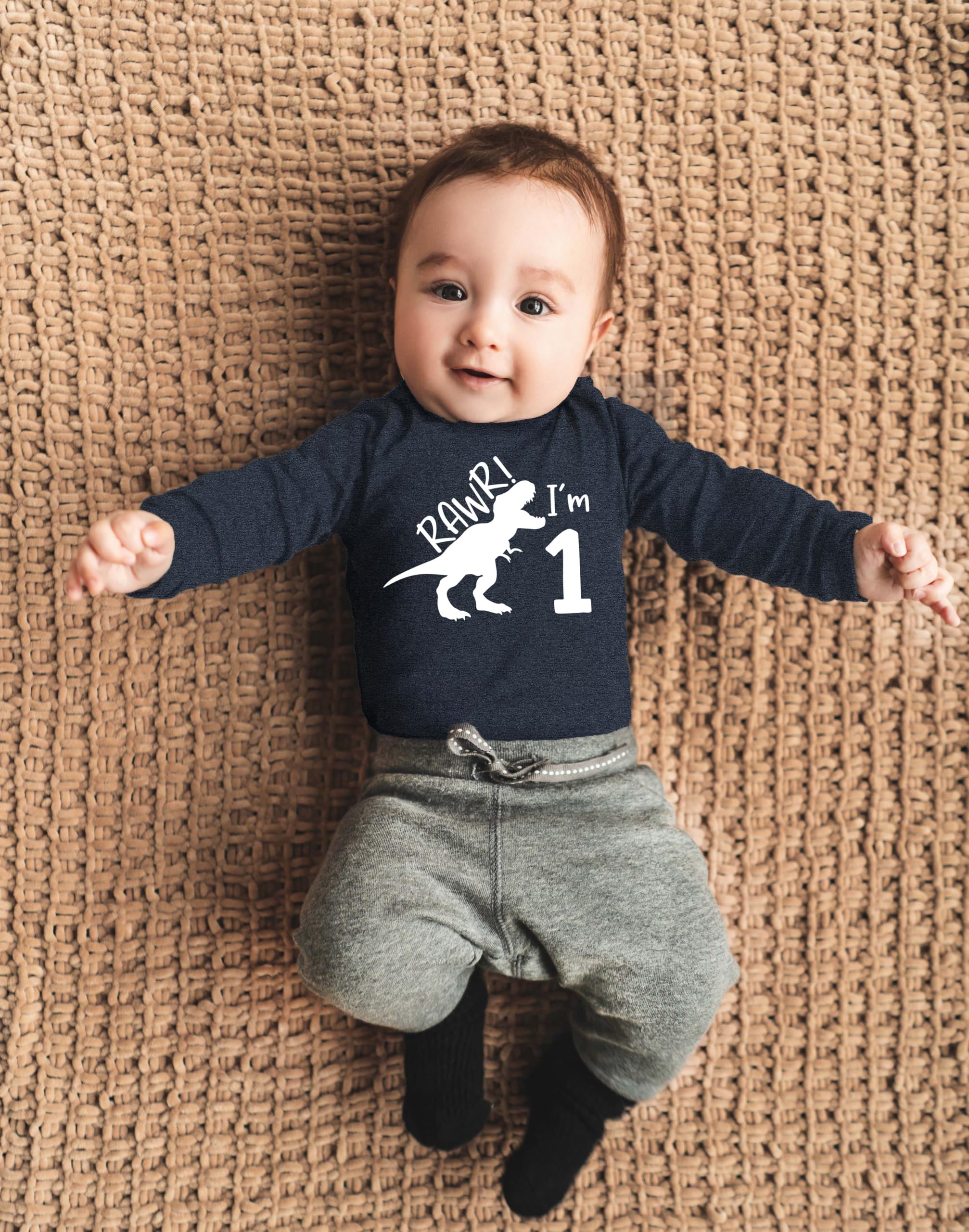 rawr im 1 Dinosaur First Birthday boy Outfit 1st Roar one Year Old Dino Shirt rex (Charcoal Black - Long Sleeve, 12 Months)