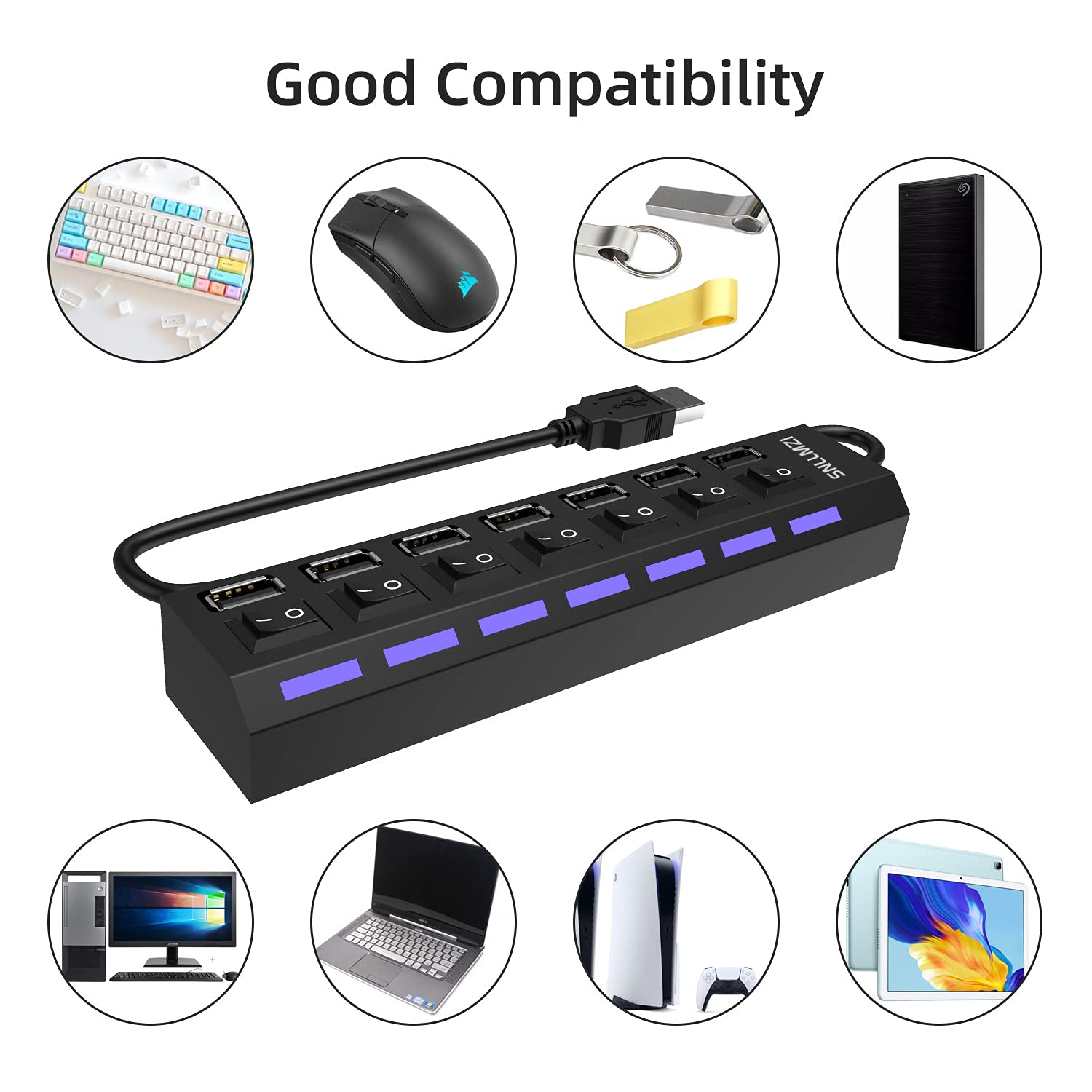 USB Hub, 7 Port USB 2.0 Hub LED Portable High-Speed Compatible for iMac Pro, MacBook Air, Mac Mini/Pro, Surface Pro, PC and Laptop