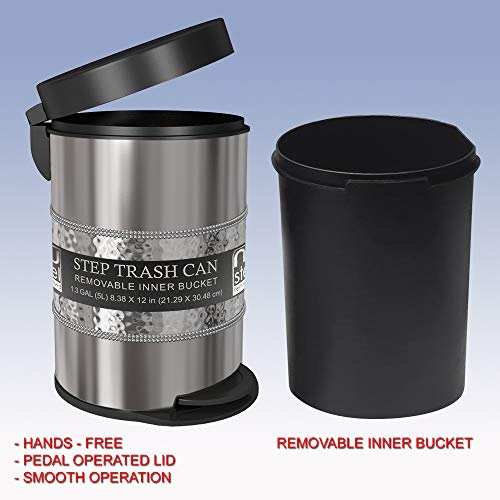 nu steel 5 Liter Round Small Metal Step Trash Can Wastebasket, Garbage Container Bin - for Bathroom, Powder Room, Bedroom, Kitchen, Office - Removable Liner Bucket - 8" X 8" X 12" – Shiny Steel