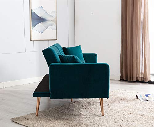 SLEERWAY Velvet Futon Sofa Bed with 5 Golden Metal Legs, Sleeper Sofa Couch with Two Pillows, Convertible Loveseat for Living Room and Bedroom, Teal