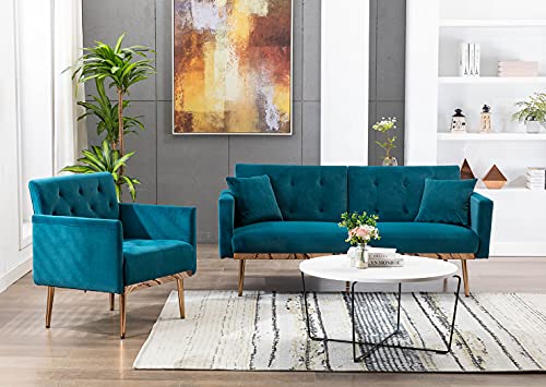 SLEERWAY Velvet Futon Sofa Bed with 5 Golden Metal Legs, Sleeper Sofa Couch with Two Pillows, Convertible Loveseat for Living Room and Bedroom, Teal