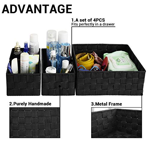 Woven Storage Box Cube Basket Drawer Organizer Divider Basket Box, Storage Tote Bins for Bathroom, Kitchen, Cabinet, Closet, Shelf, Dresser, Store Snacks, Cereal, Baking Supplies, Set of 4 (Black)