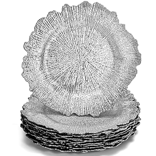 WUWEOT 12 Pack Silver Charger Plates, 13" Round Plastic Reef Plate Chargers with Flora Reef Design for Wedding Dinner Party Decoration
