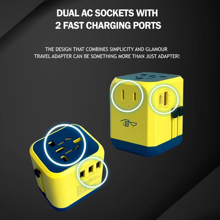 International Travel Plug Adapter by SIFT - Dual AC Sockets + 4 USB with 1 QC 3.0 USB and 1 PD-Type C