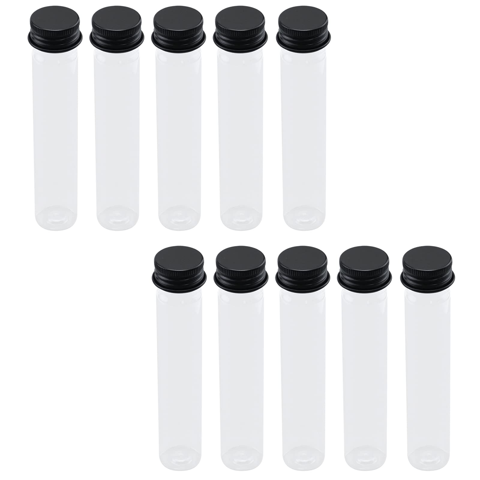 Woogim 10 pcs Plastic Test Tubes, 27×150mm(65ml) Flat Test Tubes with Black Screw Cap for Bath Salts, Gumball Candy Storage, Hot Chocolate,Party Favors