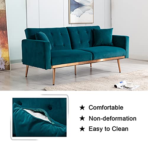 SLEERWAY Velvet Futon Sofa Bed with 5 Golden Metal Legs, Sleeper Sofa Couch with Two Pillows, Convertible Loveseat for Living Room and Bedroom, Teal