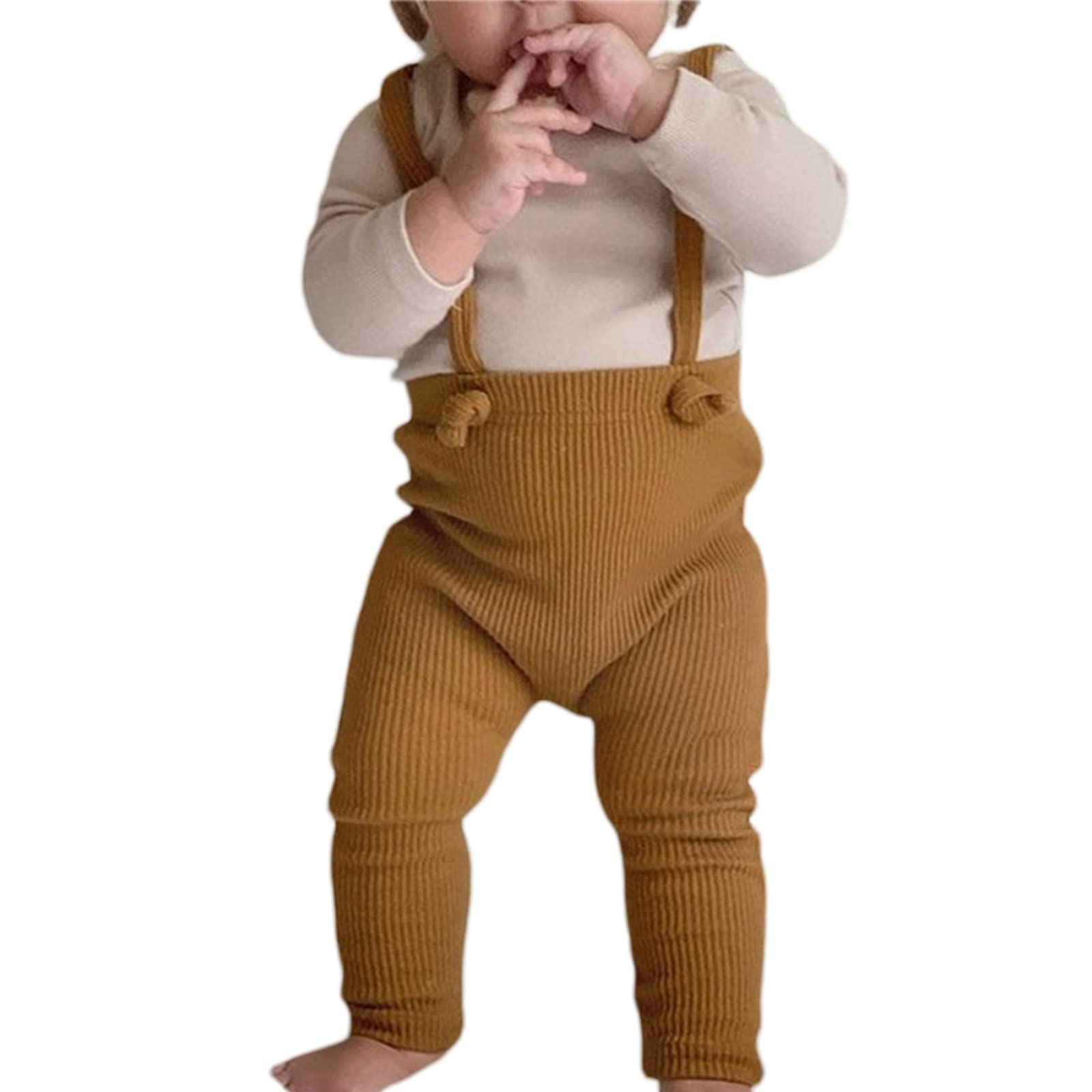 GOOCHEER Infant Baby Girl Boy Ribbed Leggings Suspender Pants Overalls Knit Tights Pantyhose Socks Warm Stockings (A-Brown, 12-18 Months)