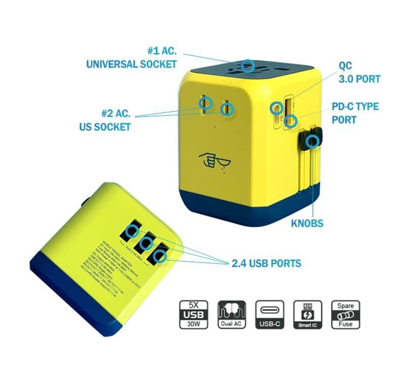 International Travel Plug Adapter by SIFT - Dual AC Sockets + 4 USB with 1 QC 3.0 USB and 1 PD-Type C