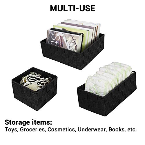 Woven Storage Box Cube Basket Drawer Organizer Divider Basket Box, Storage Tote Bins for Bathroom, Kitchen, Cabinet, Closet, Shelf, Dresser, Store Snacks, Cereal, Baking Supplies, Set of 4 (Black)