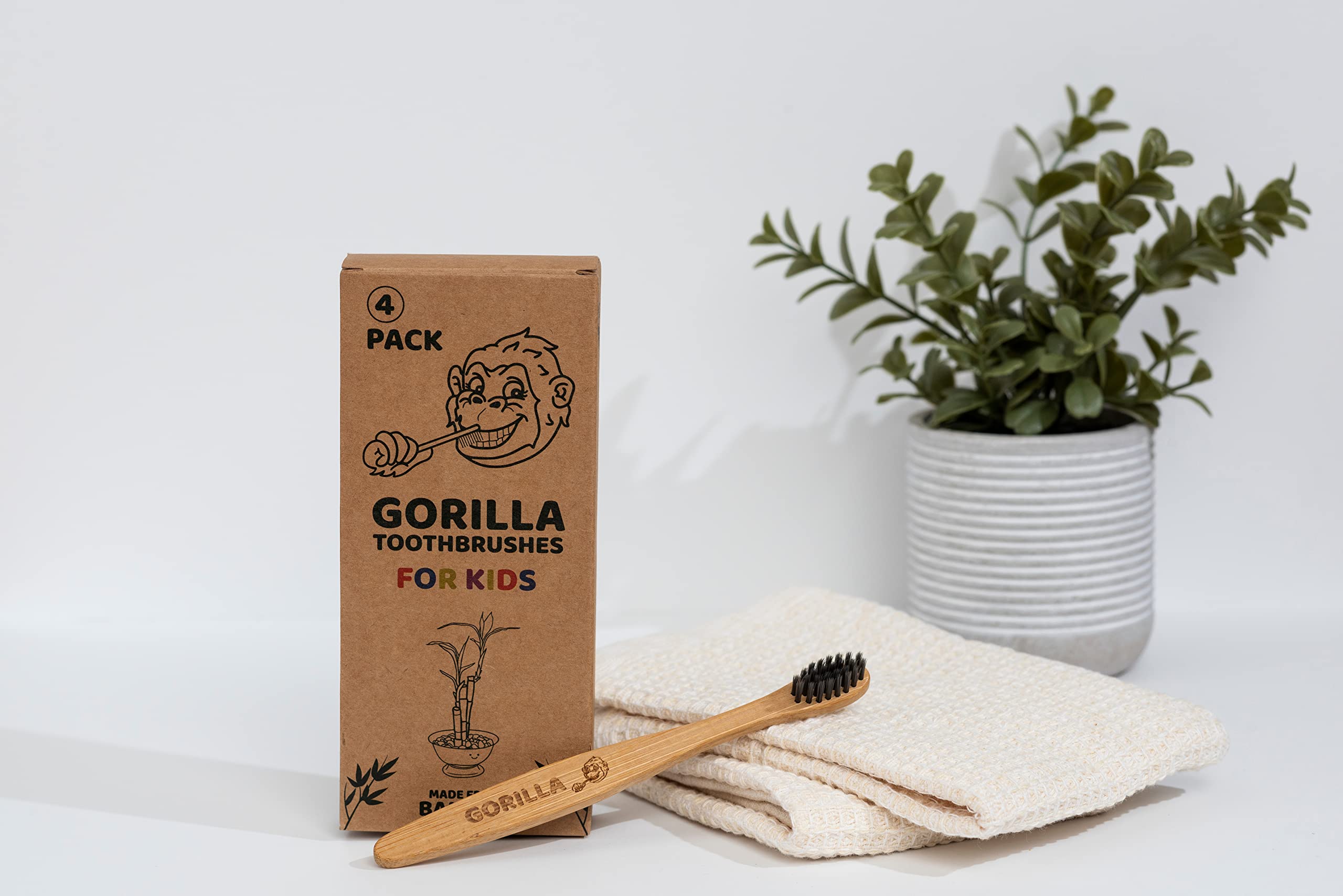 Kid's 4 Pack - Gorilla Bamboo Toothbrush Soft Natural Bristle for Sensitive Gums - Eco Friendly Recyclable Biodegradable Sustainable Products Helping to Save The Planet - One Toothbrush at a Time