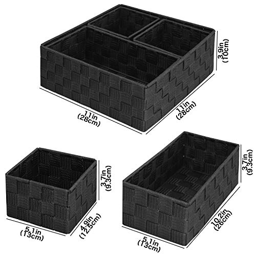 Woven Storage Box Cube Basket Drawer Organizer Divider Basket Box, Storage Tote Bins for Bathroom, Kitchen, Cabinet, Closet, Shelf, Dresser, Store Snacks, Cereal, Baking Supplies, Set of 4 (Black)