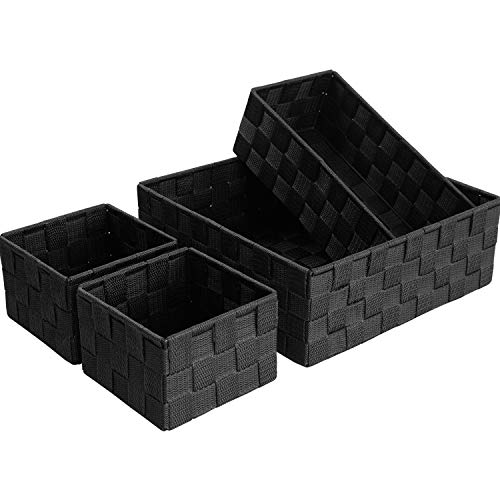 Woven Storage Box Cube Basket Drawer Organizer Divider Basket Box, Storage Tote Bins for Bathroom, Kitchen, Cabinet, Closet, Shelf, Dresser, Store Snacks, Cereal, Baking Supplies, Set of 4 (Black)