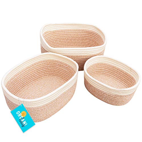 OrganiHaus Set of 3 Small Woven Basket for Organizing | Boho Basket for Storage | Montessori Cotton Rope Storage Baskets | Decorative Storage Bins | Baby Storage Organizer | Closet Baskets - Honey