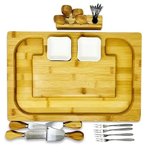 PandPal Charcuterie Cheese Board Set with Bonus Knives, Bowls, and Forks – Reversible Extra Large Bamboo Board & Serving Tray with Deep Grooves and Easy Handles