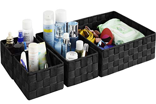 Woven Storage Box Cube Basket Drawer Organizer Divider Basket Box, Storage Tote Bins for Bathroom, Kitchen, Cabinet, Closet, Shelf, Dresser, Store Snacks, Cereal, Baking Supplies, Set of 4 (Black)