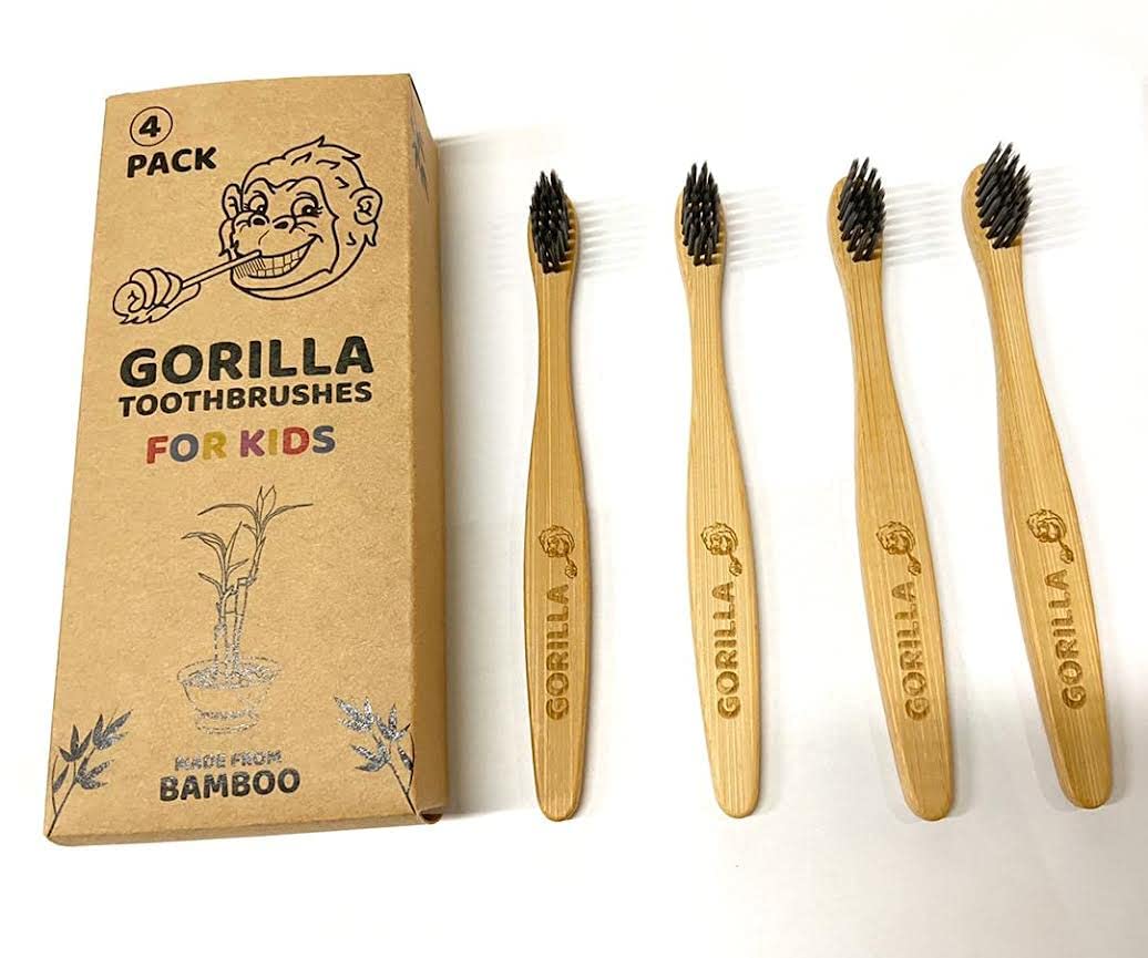 Kid's 4 Pack - Gorilla Bamboo Toothbrush Soft Natural Bristle for Sensitive Gums - Eco Friendly Recyclable Biodegradable Sustainable Products Helping to Save The Planet - One Toothbrush at a Time