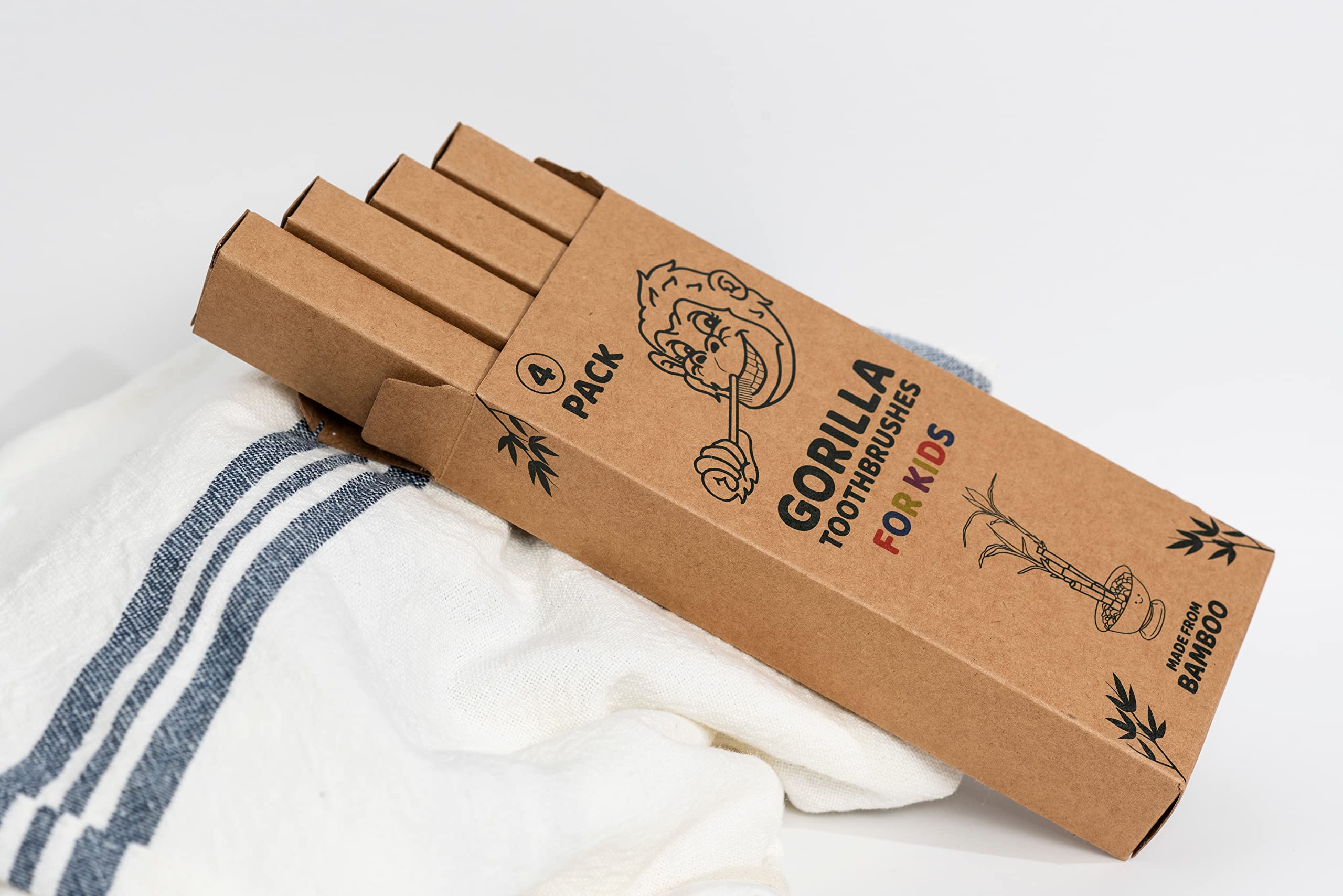 Kid's 4 Pack - Gorilla Bamboo Toothbrush Soft Natural Bristle for Sensitive Gums - Eco Friendly Recyclable Biodegradable Sustainable Products Helping to Save The Planet - One Toothbrush at a Time