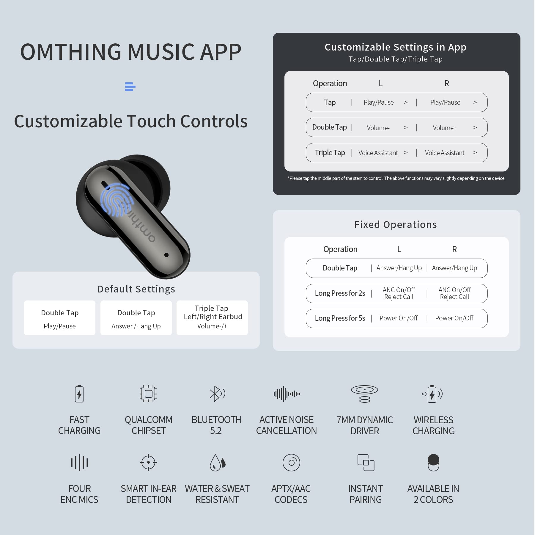 omthing Wireless Earbuds, AirFree 2 True Wireless Headphones, Earphones with Wireless Charging, Bluetooth Earbuds with ANC, in-Ear Headphones Deep Bass, Touch Control, IPX5 Waterproof, 25H