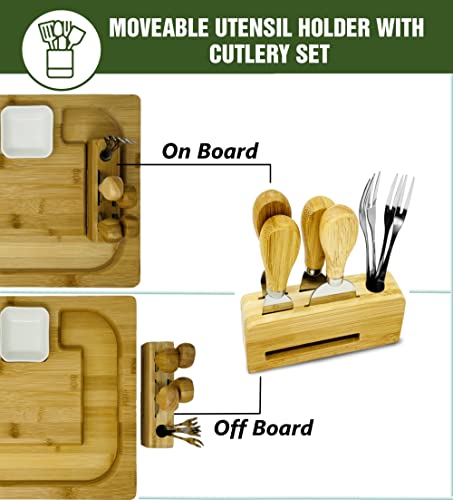 PandPal Charcuterie Cheese Board Set with Bonus Knives, Bowls, and Forks β Reversible Extra Large Bamboo Board & Serving Tray with Deep Grooves and Easy Handles