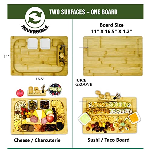 PandPal Charcuterie Cheese Board Set with Bonus Knives, Bowls, and Forks β Reversible Extra Large Bamboo Board & Serving Tray with Deep Grooves and Easy Handles