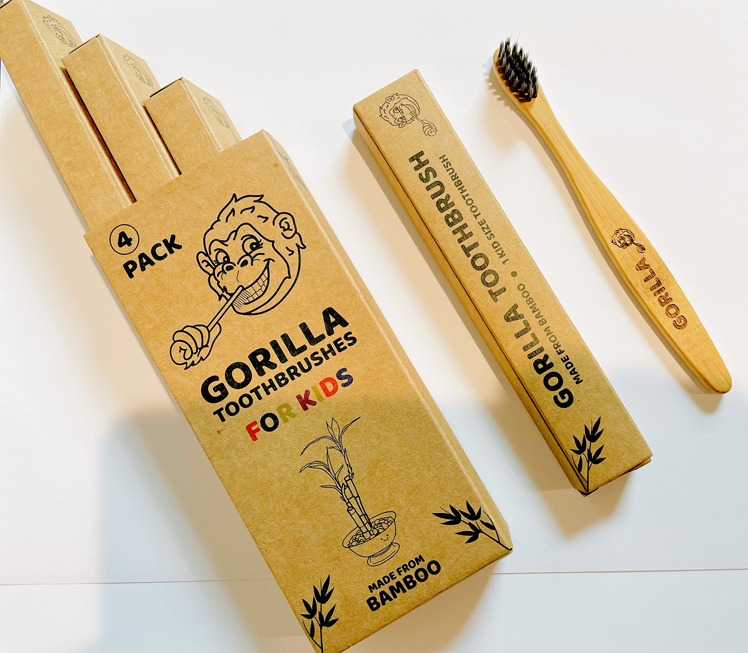 Kid's 4 Pack - Gorilla Bamboo Toothbrush Soft Natural Bristle for Sensitive Gums - Eco Friendly Recyclable Biodegradable Sustainable Products Helping to Save The Planet - One Toothbrush at a Time